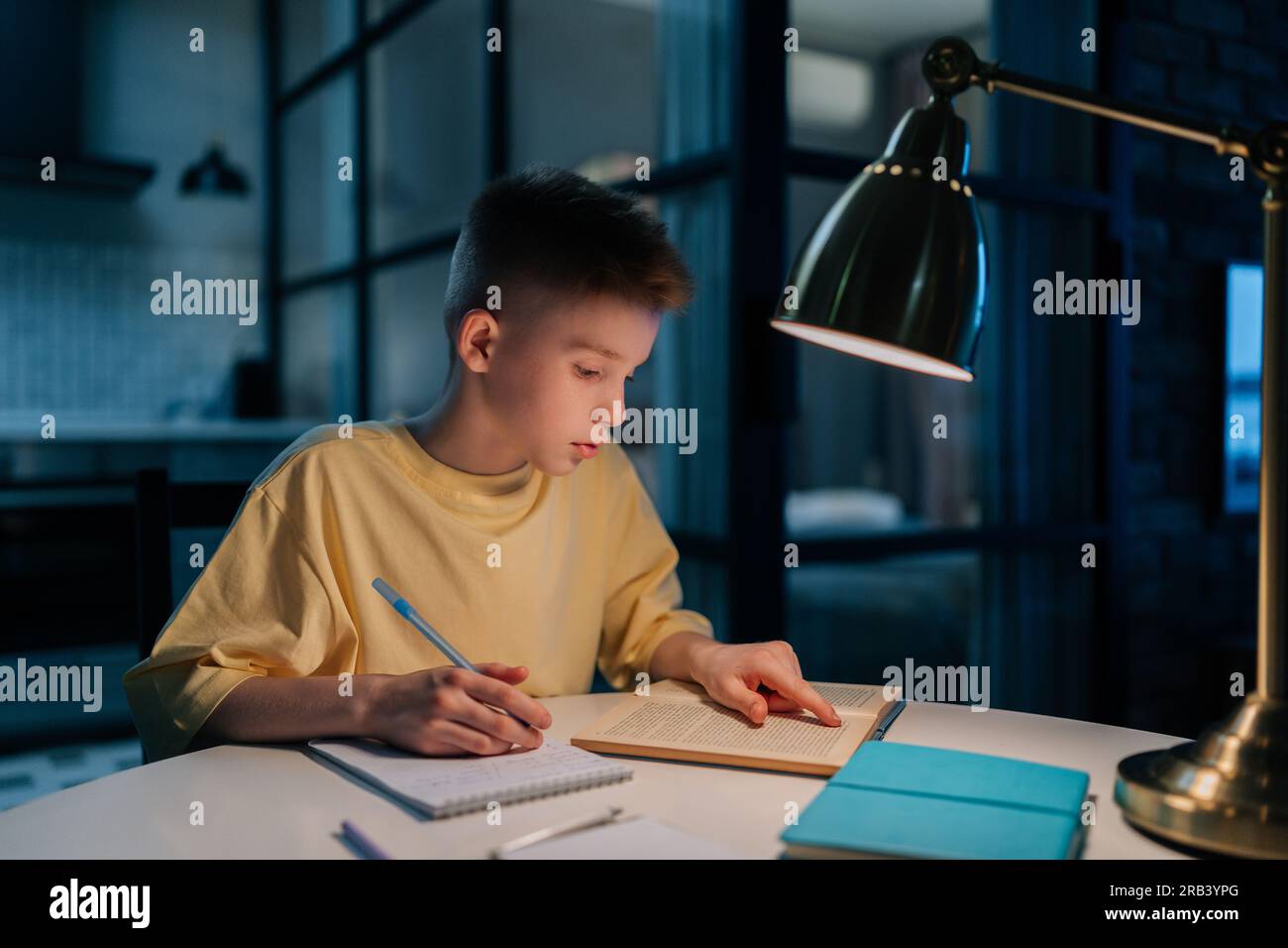 Focused redhead pupil student boy studying at home writing in exercise ...