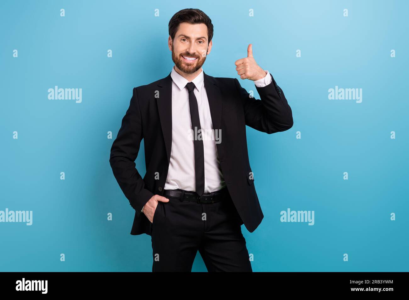 Photo of positive happy coach wear black tuxedo showing thumb up ...