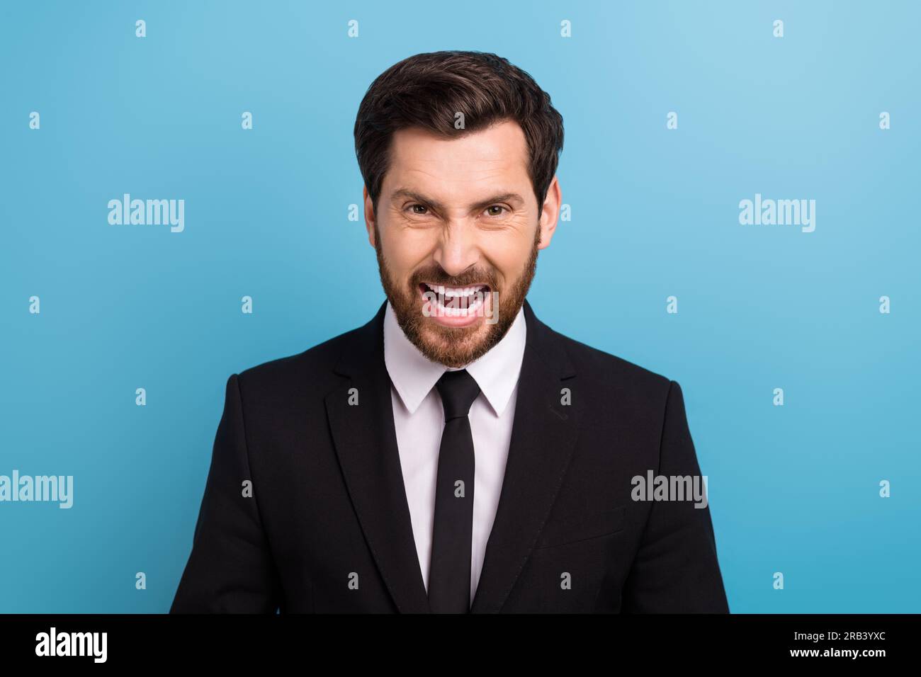 Photo of furious mad specialist dressed black suit screaming loud ...