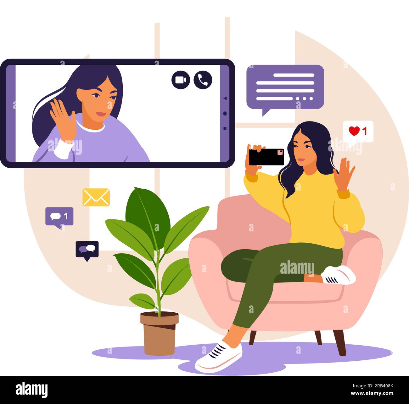 Woman using phone for collective virtual meeting and group video ...