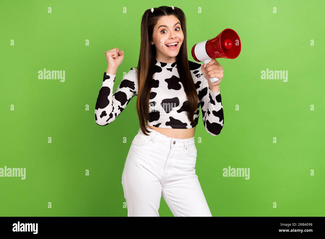 Photo of funky lucky girl dressed cowskin top yelling bull horn rising ...