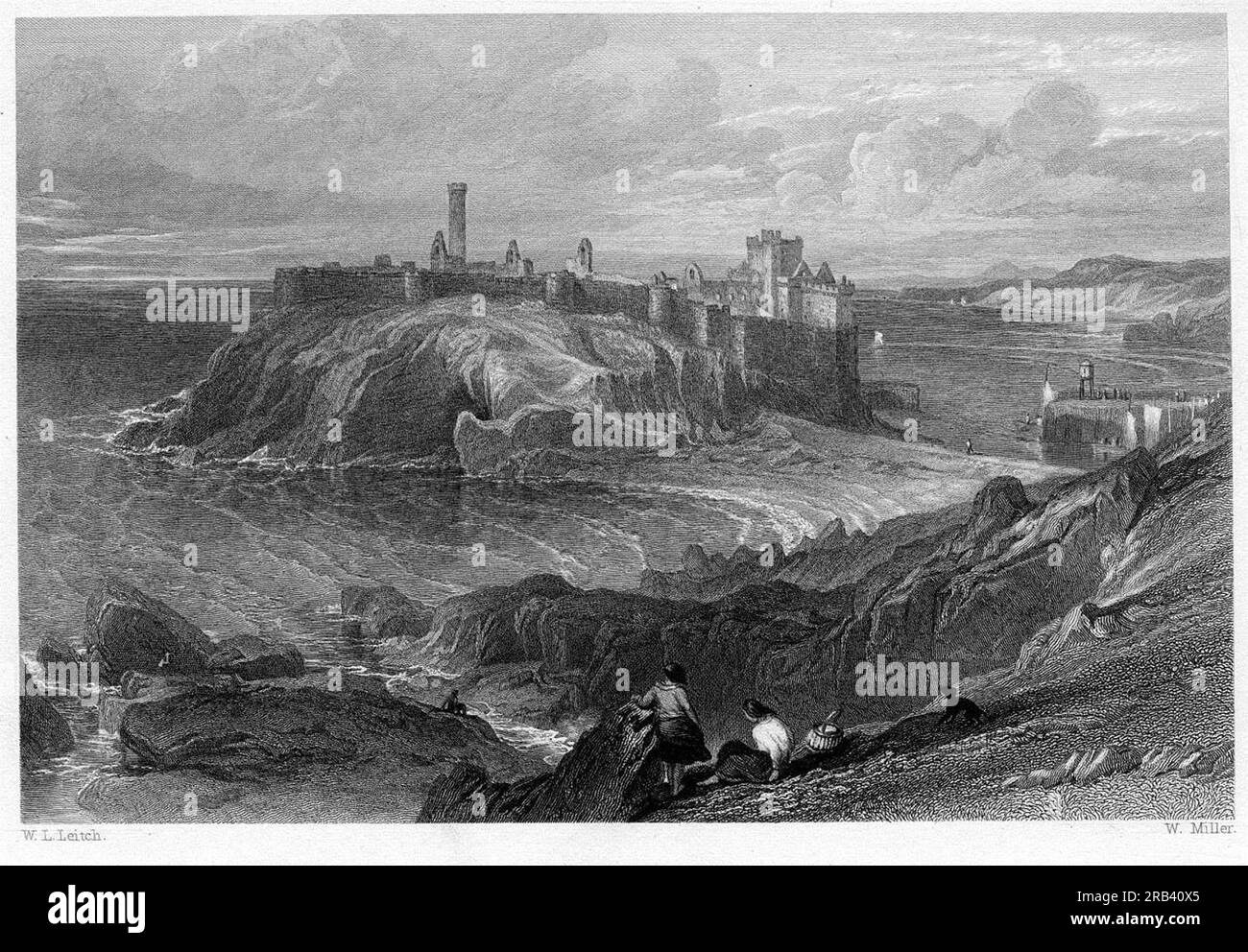 Peel Castle, Isle of Man, engraving by William Miller after Leitch 1845 ...
