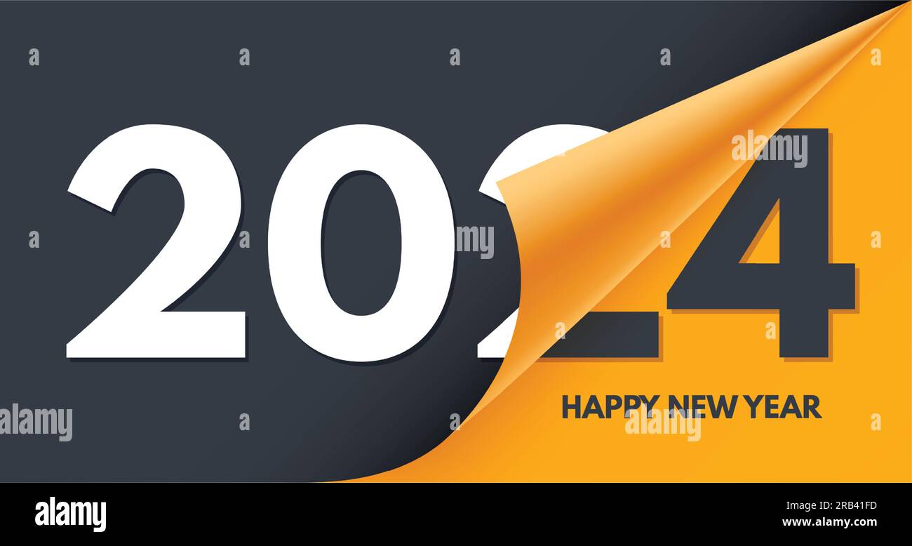 Happy New Year banner. Flip to 2024, calendar with rolled corner ...
