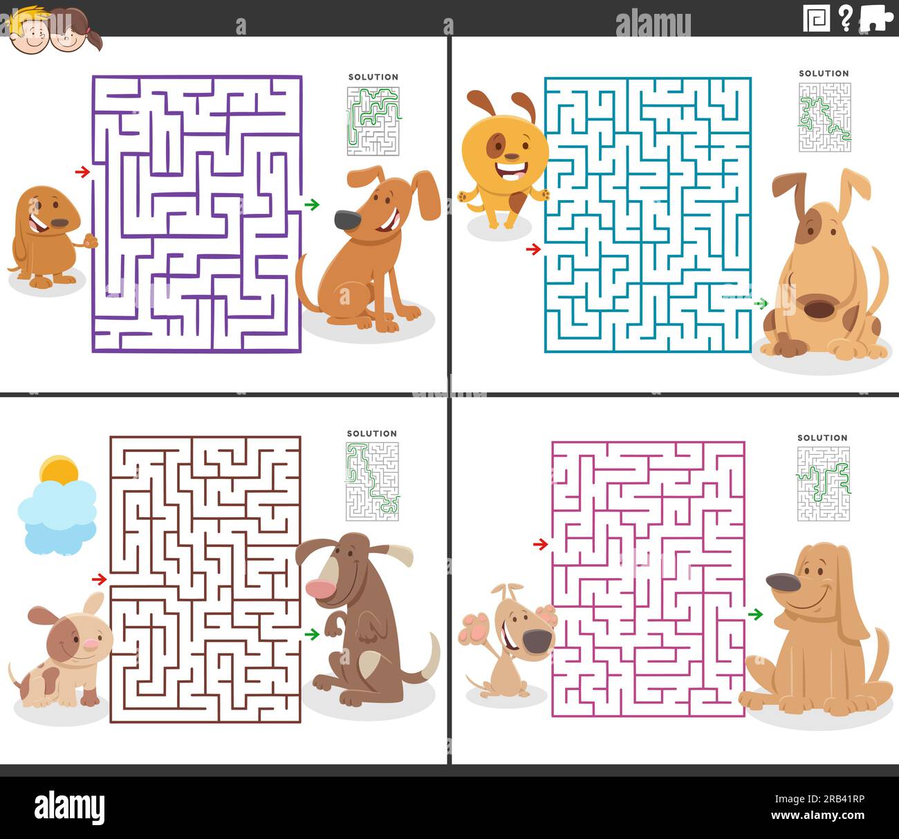 Cartoon illustration of educational maze puzzle activities set with ...