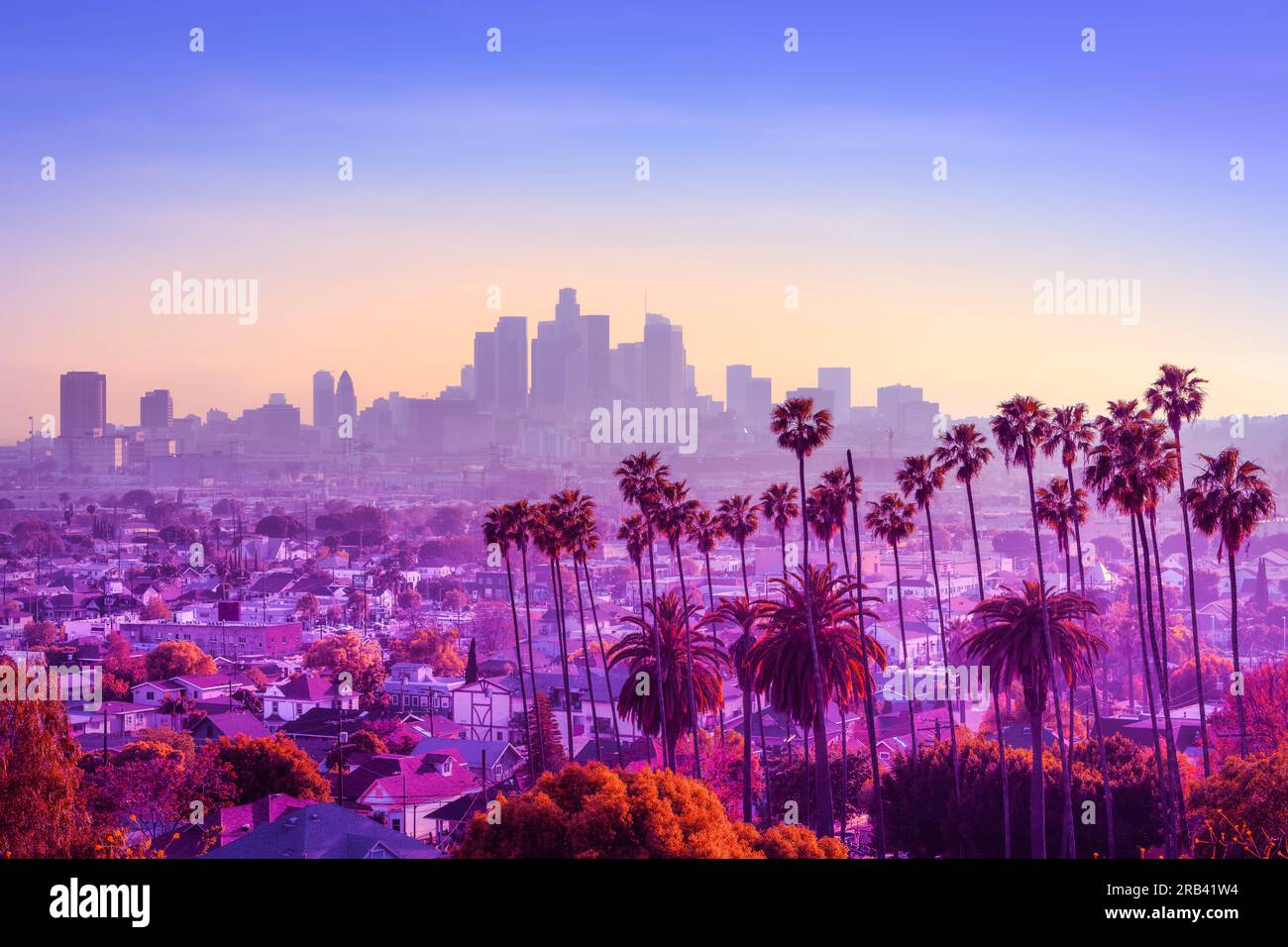 Los angeles skyline palm trees sunset hi-res stock photography and ...
