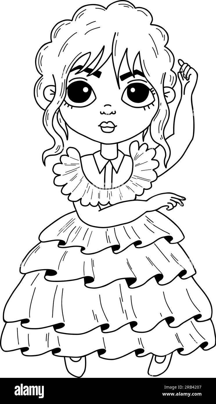 Cute fantasy dancing of wednesday girl. Outline hand drawing character ...