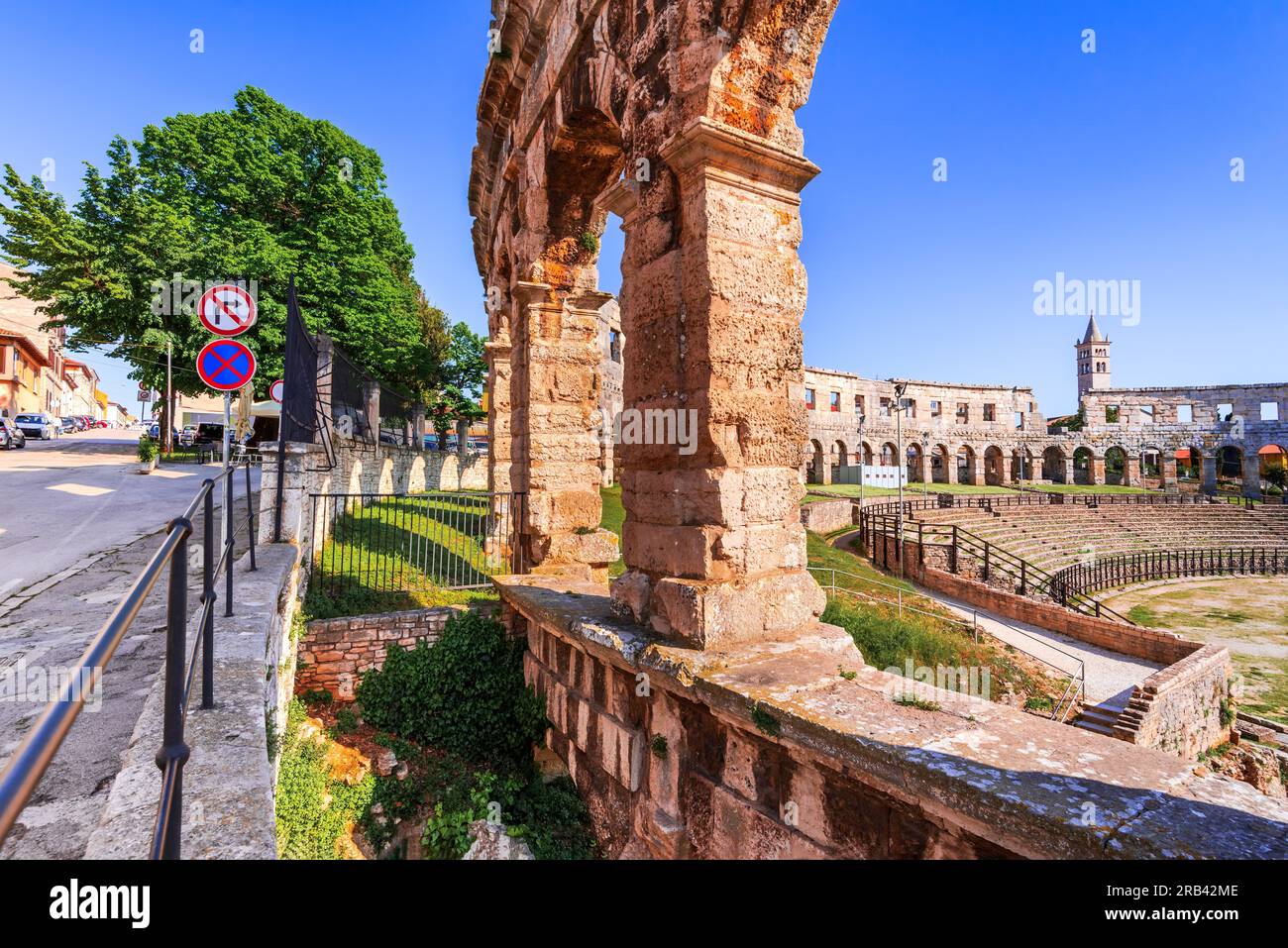 Pula, Croatia. Detail view at famous Pola Arena, Roman Empire time ...