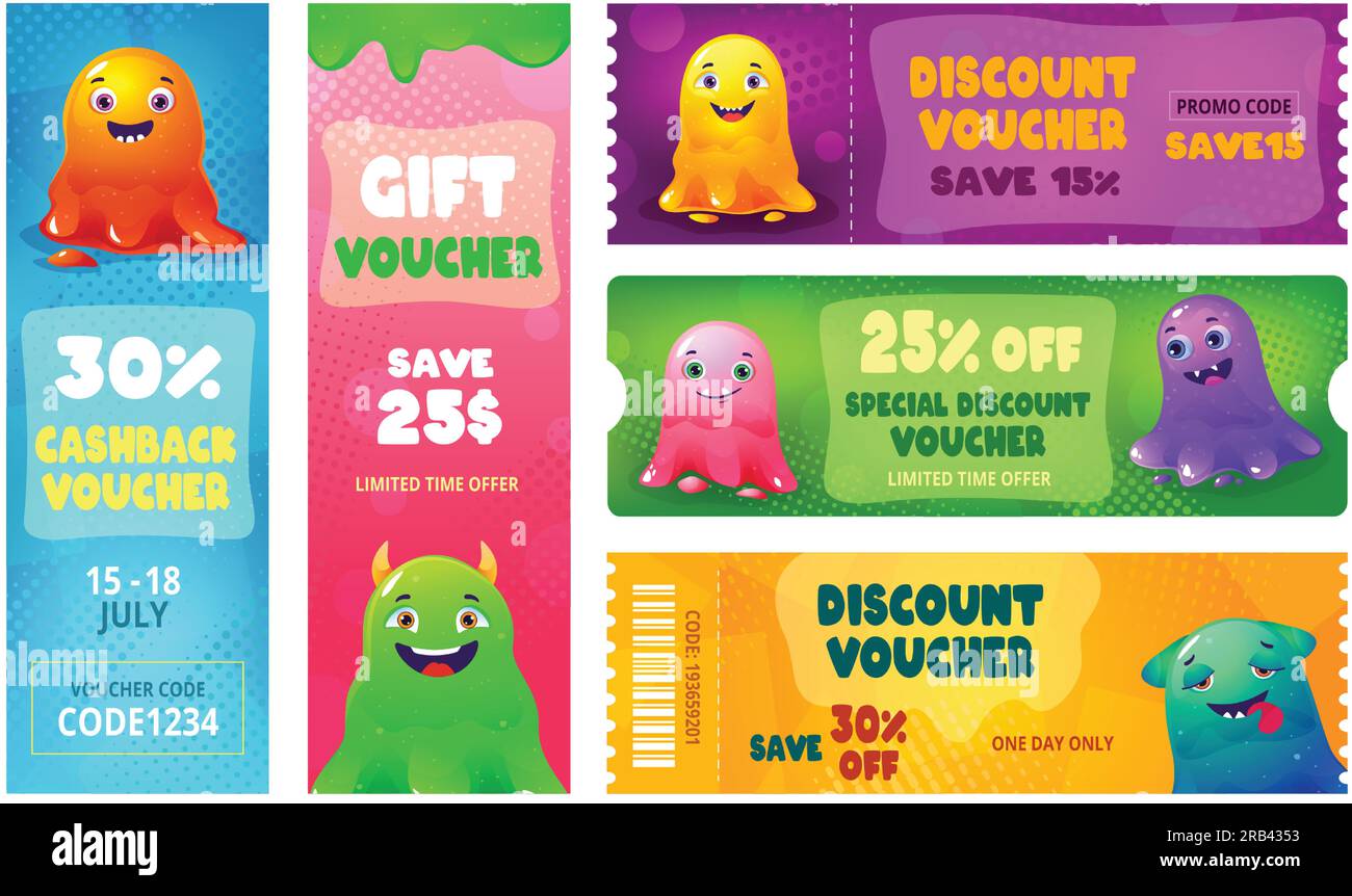 Slime monsters voucher templates. Funny cashback voucher with sticky ...