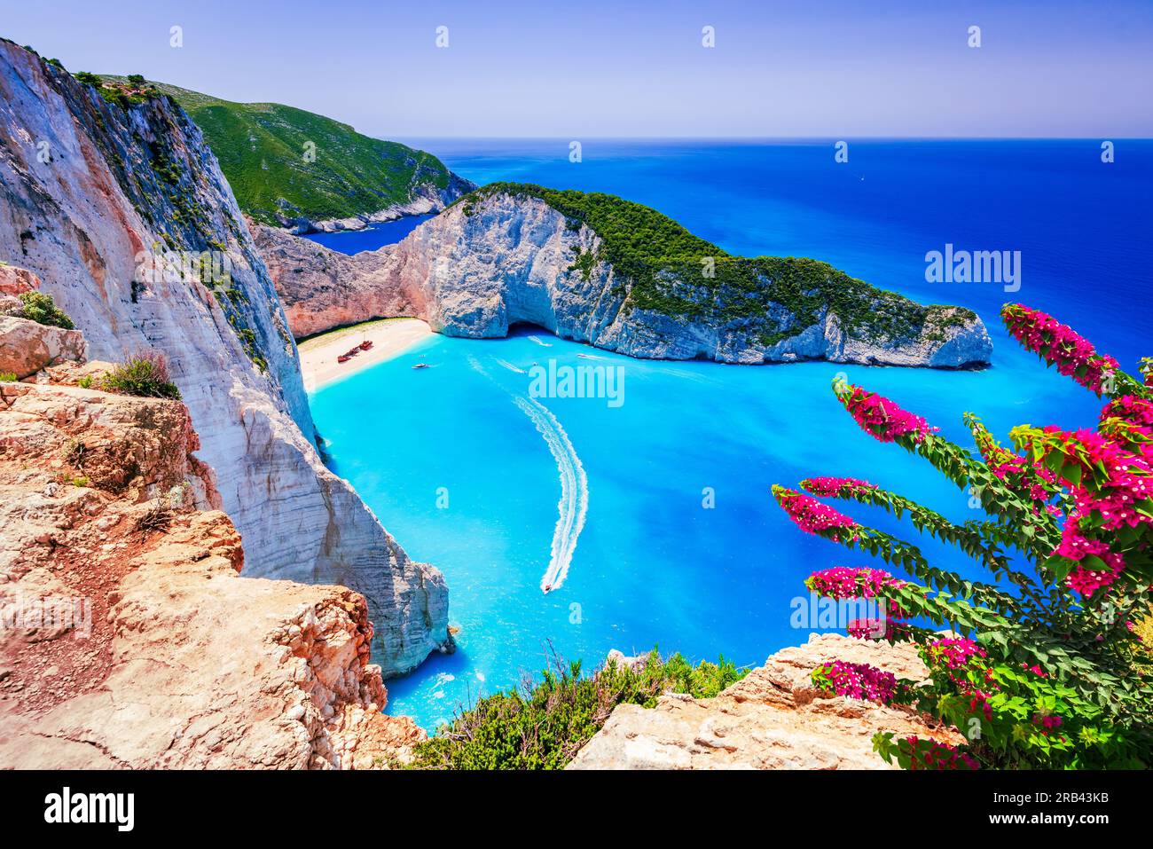 Zakynthos, Greece. Famous Navagio Beach, overhead landscape of Ionian ...