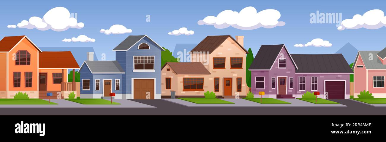 Cartoon neighborhood street. Cottage houses in suburbs, American style ...