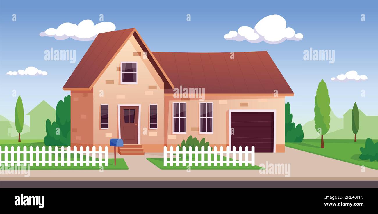 Suburban house exterior. Cozy neighborhood home with driveway to garage ...