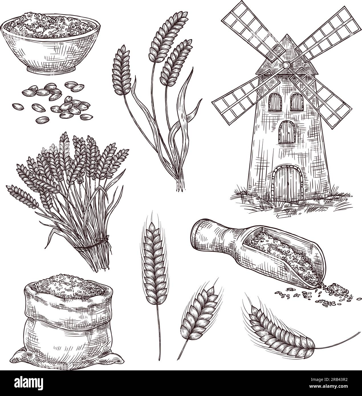 Hand drawn wheat. Sketch bag of grains, windmill, ear spikes and seed ...