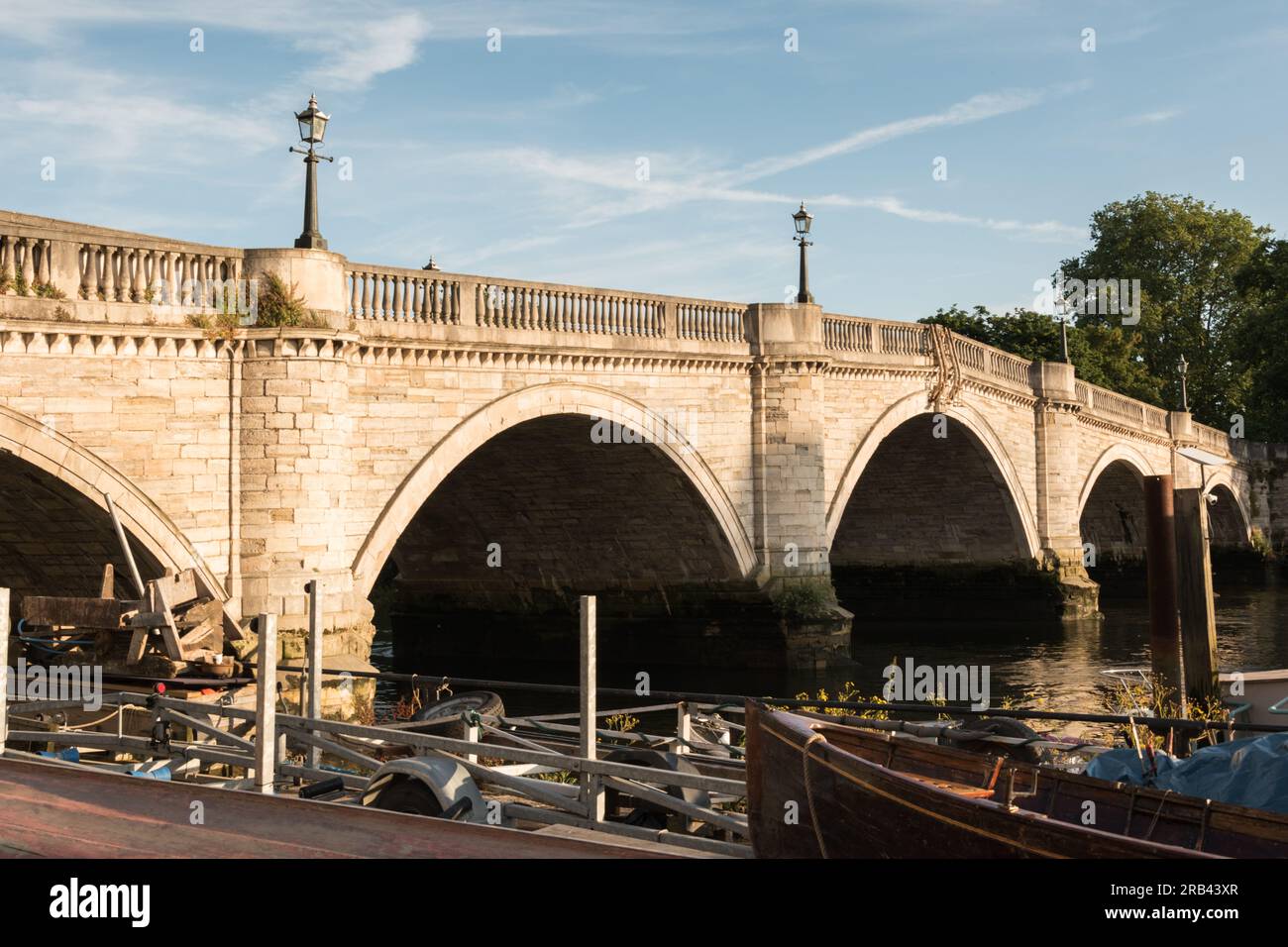 Rowing boats moored next to Richmond Bridge, an 18th-century stone arch ...