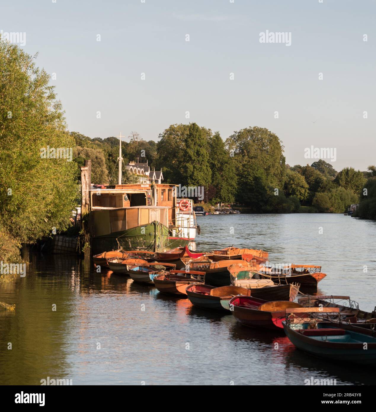 Rowing boats moored near Richmond Bridge on the River Thames at ...