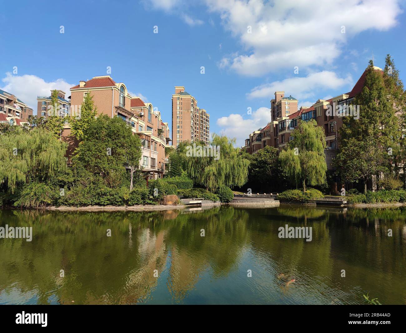view of the lake and the buildings in the middle of trees in sunny ...
