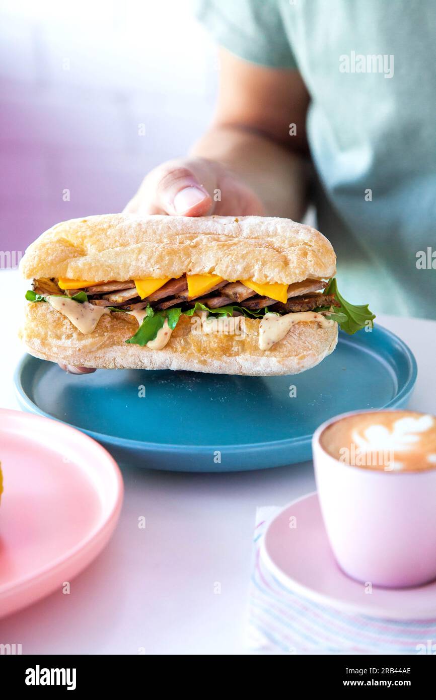 Roast beef with julienne cut prime beef ciabatta sub sandwich served in ...