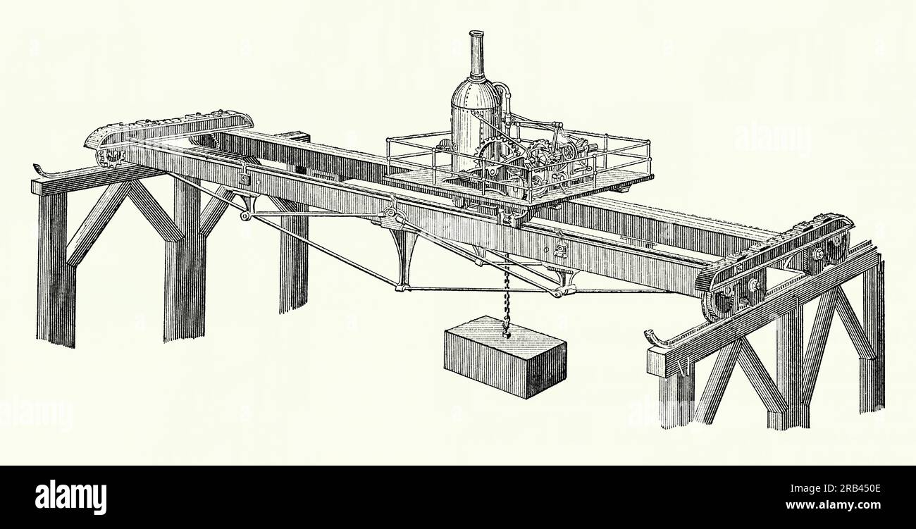 An old engraving of a bridge, overhead or travel crane of the 1800s ...