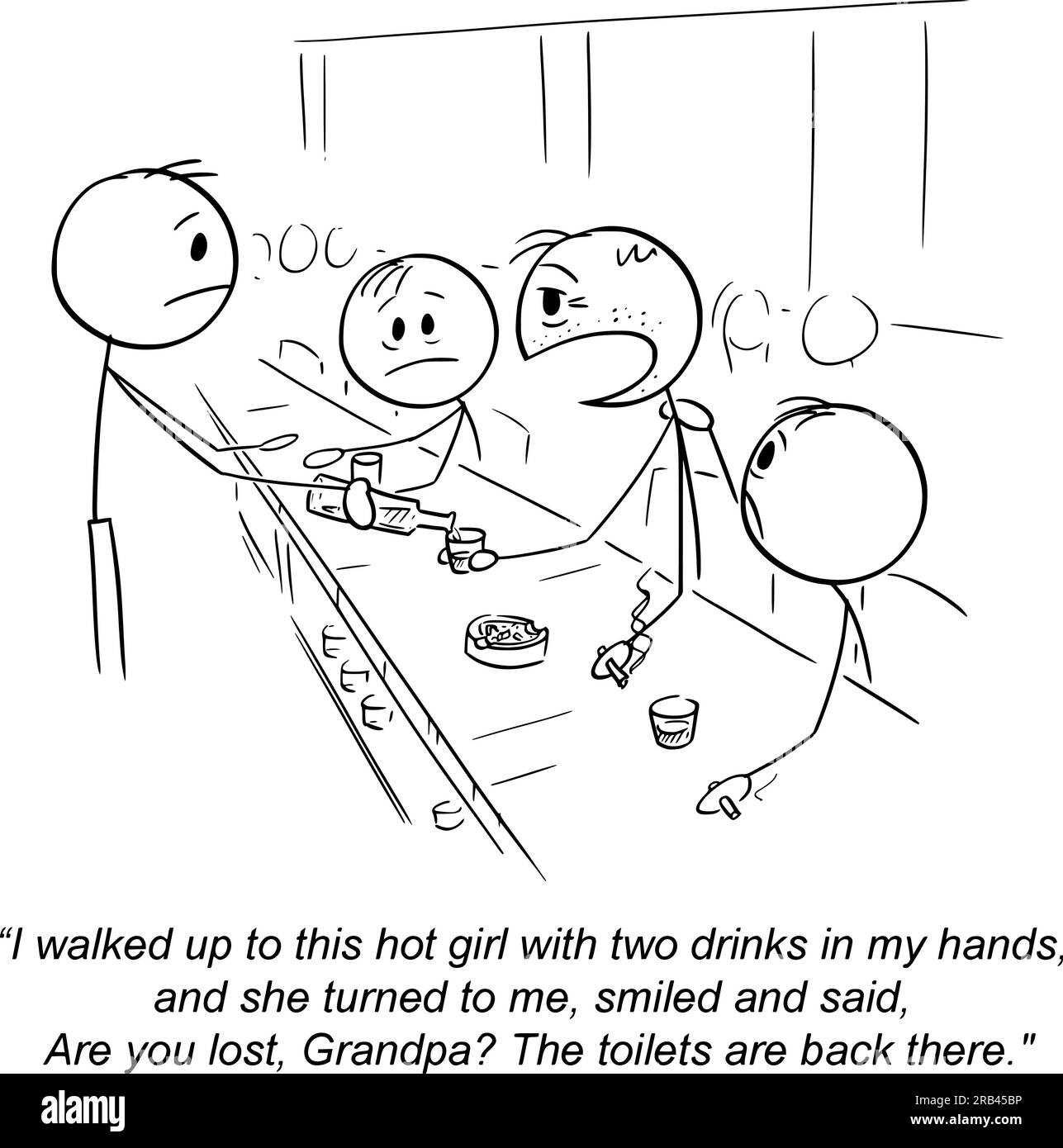 Frustrated Aging Man in a Bar, Vector Gag Cartoon Stick Figure ...