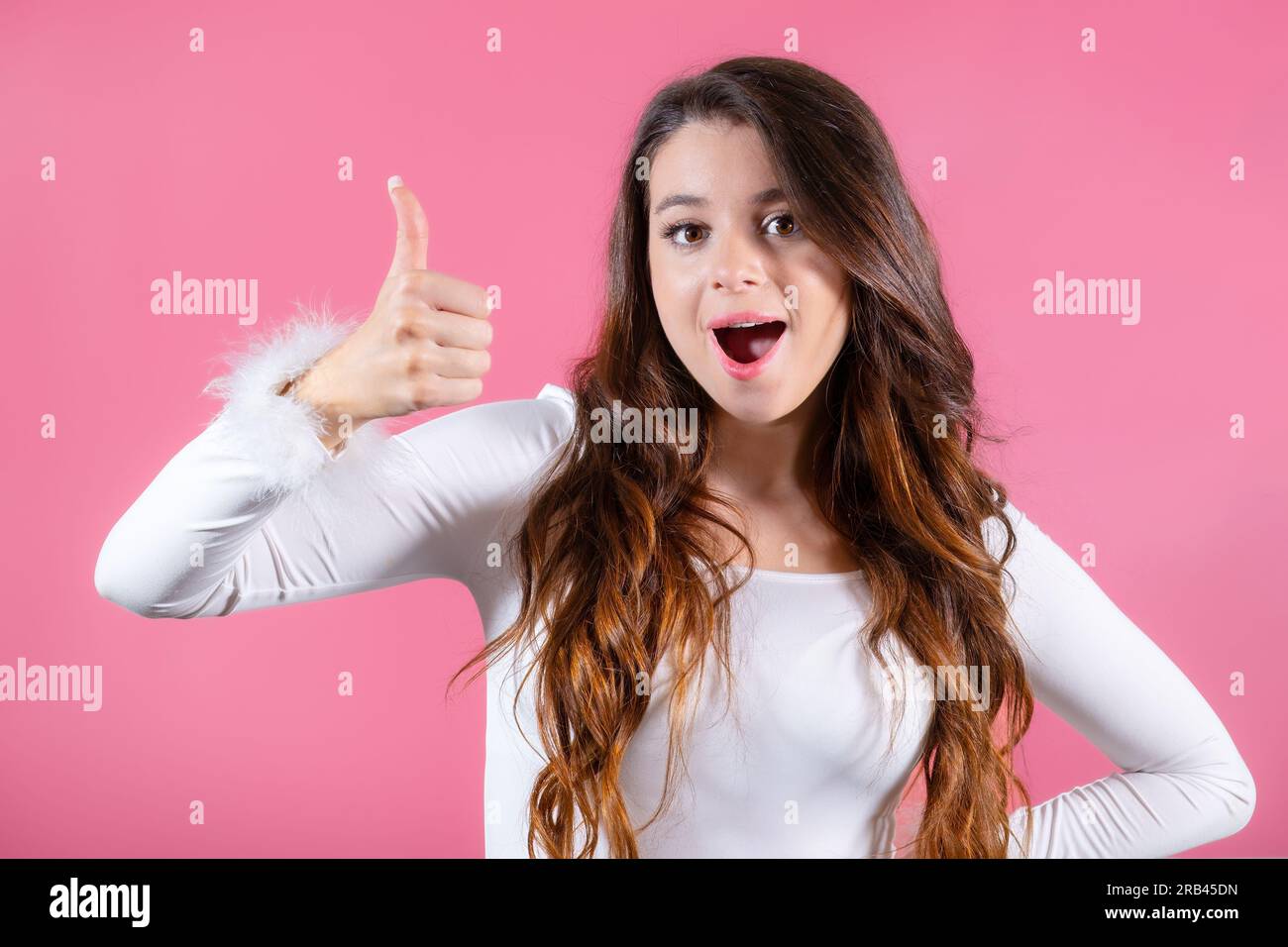 Portrait of brunette female customer with a broad smile and exciting ...