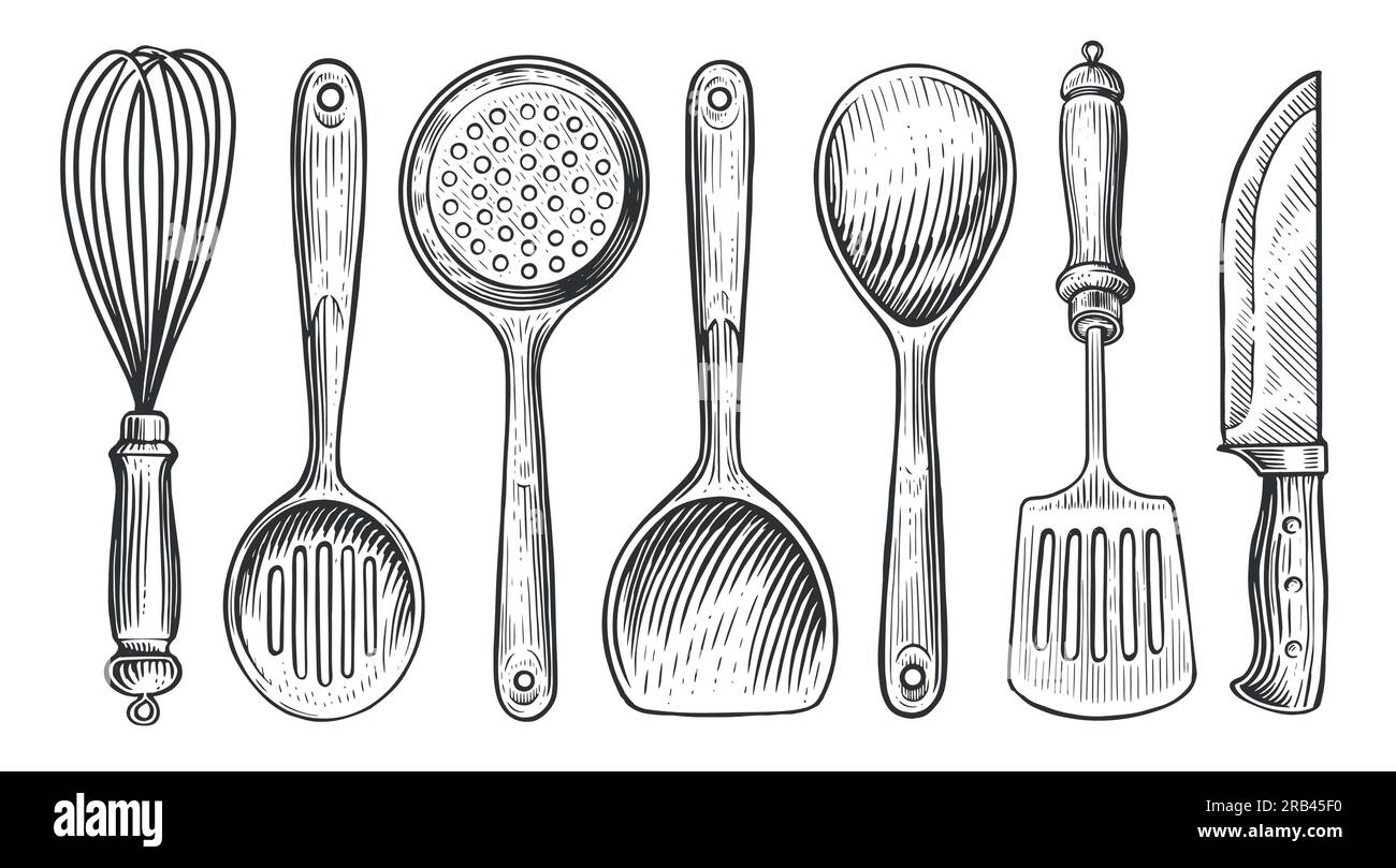 Set of kitchen tools for cooking, old engraving style. Sketch vintage ...
