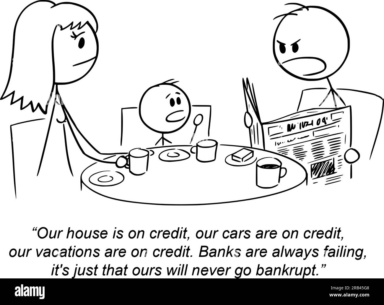 Family Talking About Bank Loan and Credit, Vector Gag Cartoon Stick ...