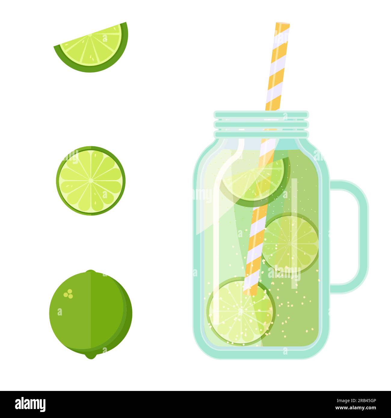 Fruit juice in a transparent glass jar, straw tube. Lime drink ...