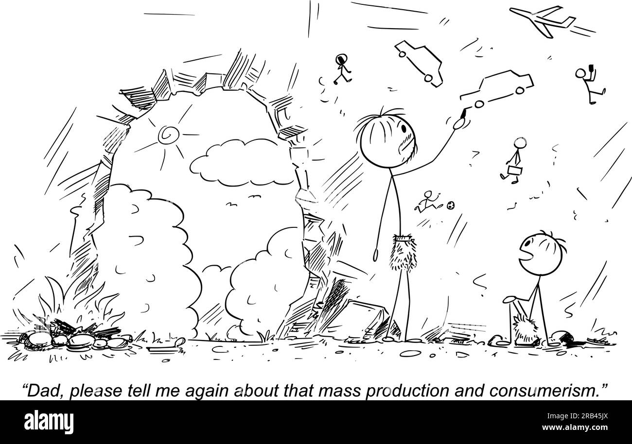 Future Caveman Tells a Child About Civilization , Vector Gag Cartoon ...