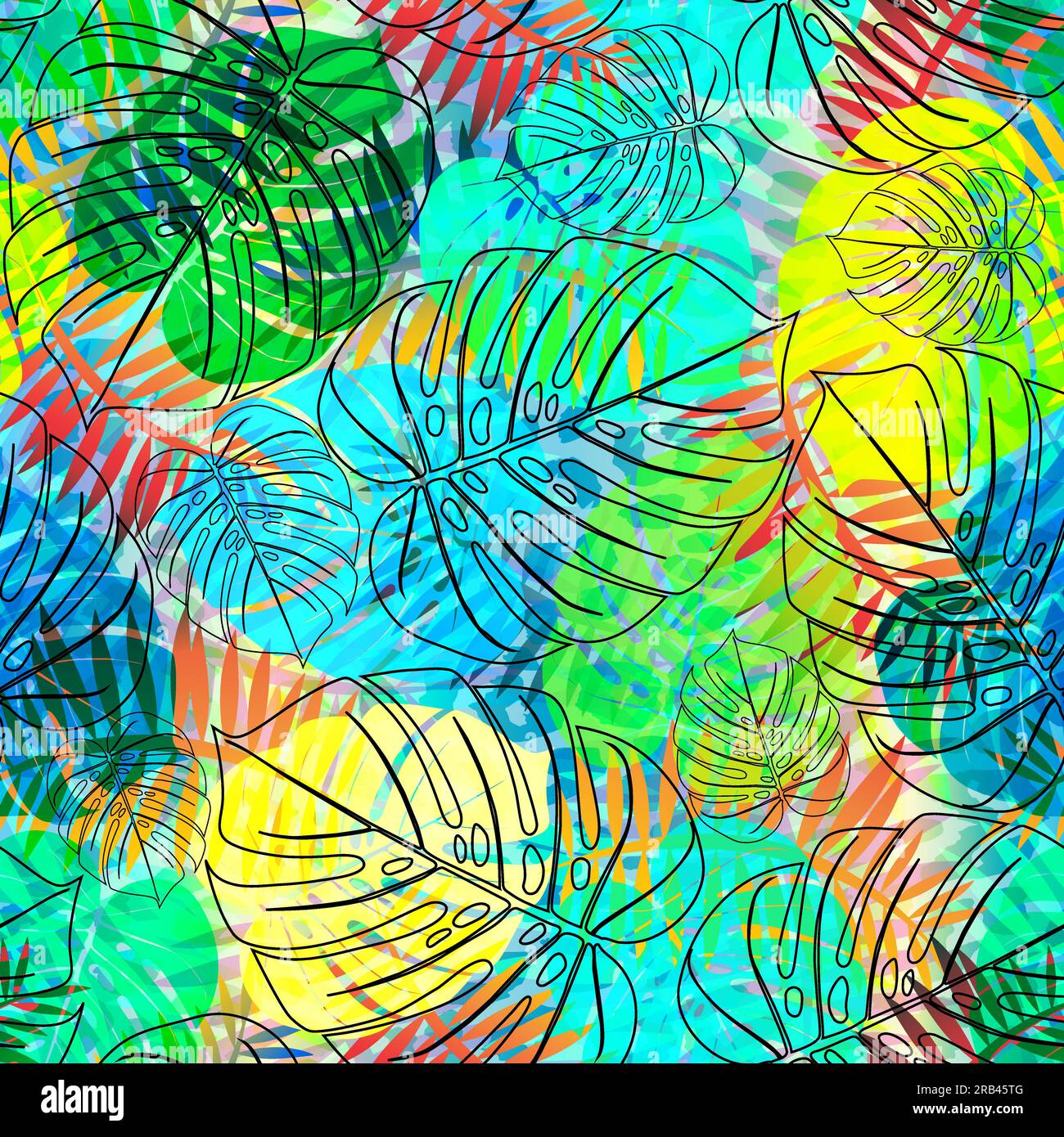 Tropical background with monstera leaves. Seamless floral exotic hawaiian pattern. Jungle palm ...