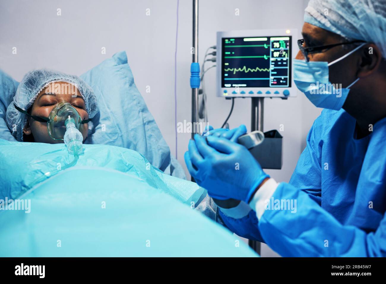 Healthcare, doctor and patient holding hands in hope after surgery ...