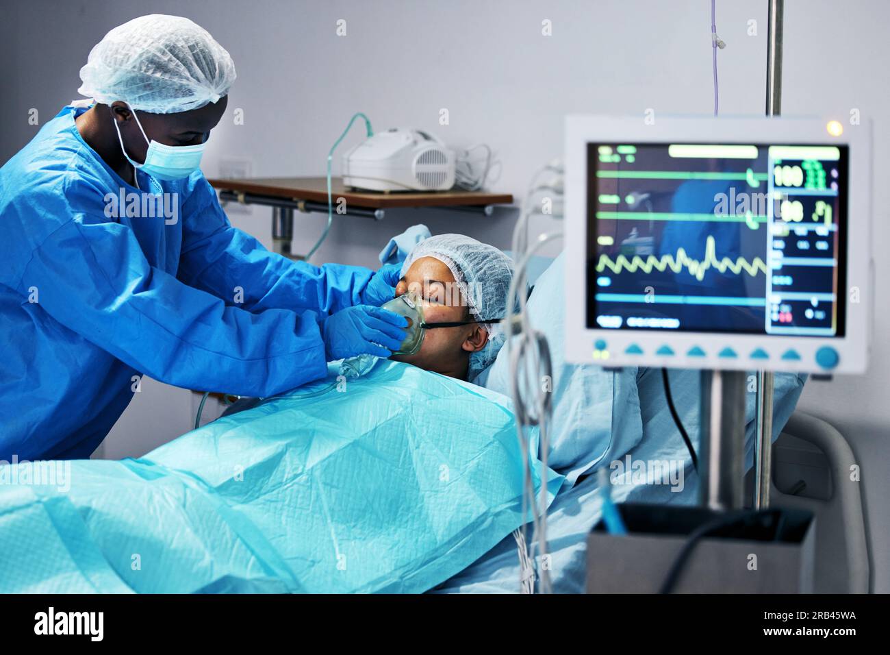 Healthcare, doctor and patient in mask for oxygen in surgery, emergency ...