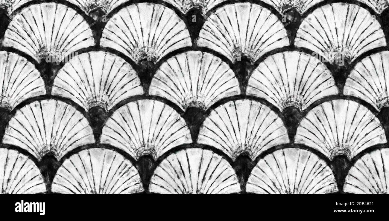 Seamless retro Art Deco shell, arches or scallop pattern. Black and ...