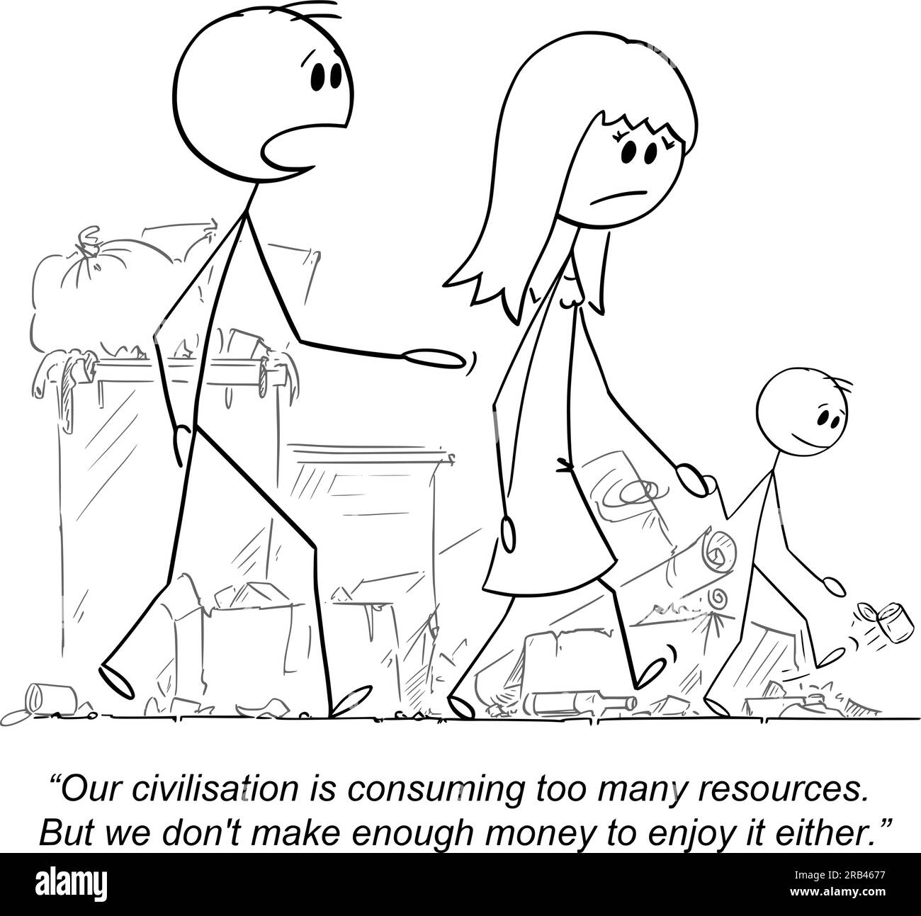 Poor Family and Consuming Resources , Vector Gag Cartoon Stick Figure ...