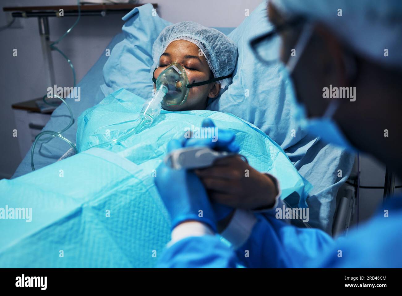 Hope, doctor and patient holding hands after surgery, emergency care ...