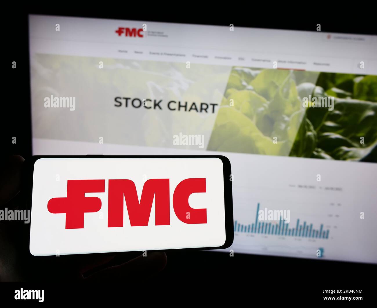 Person holding mobile phone with logo of American chemical company FMC ...
