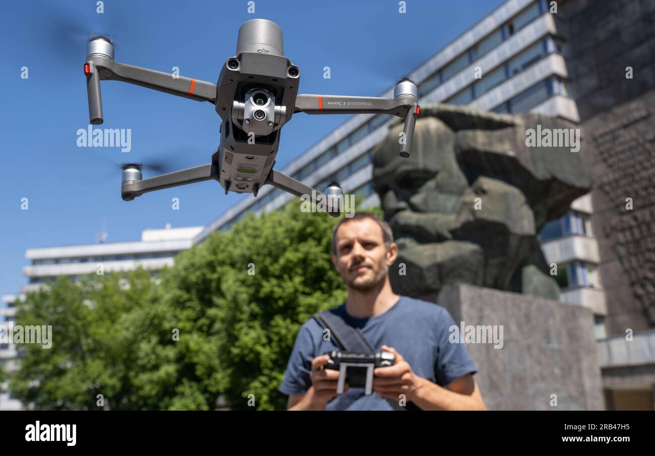 07 July 2023, Saxony, Chemnitz: Using a special drone, geographer ...