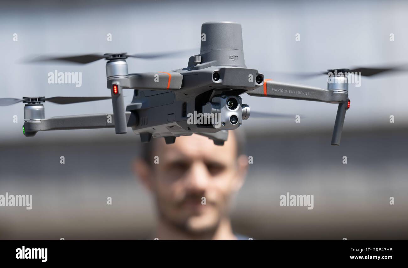 07 July 2023, Saxony, Chemnitz: Using a special drone, geographer ...