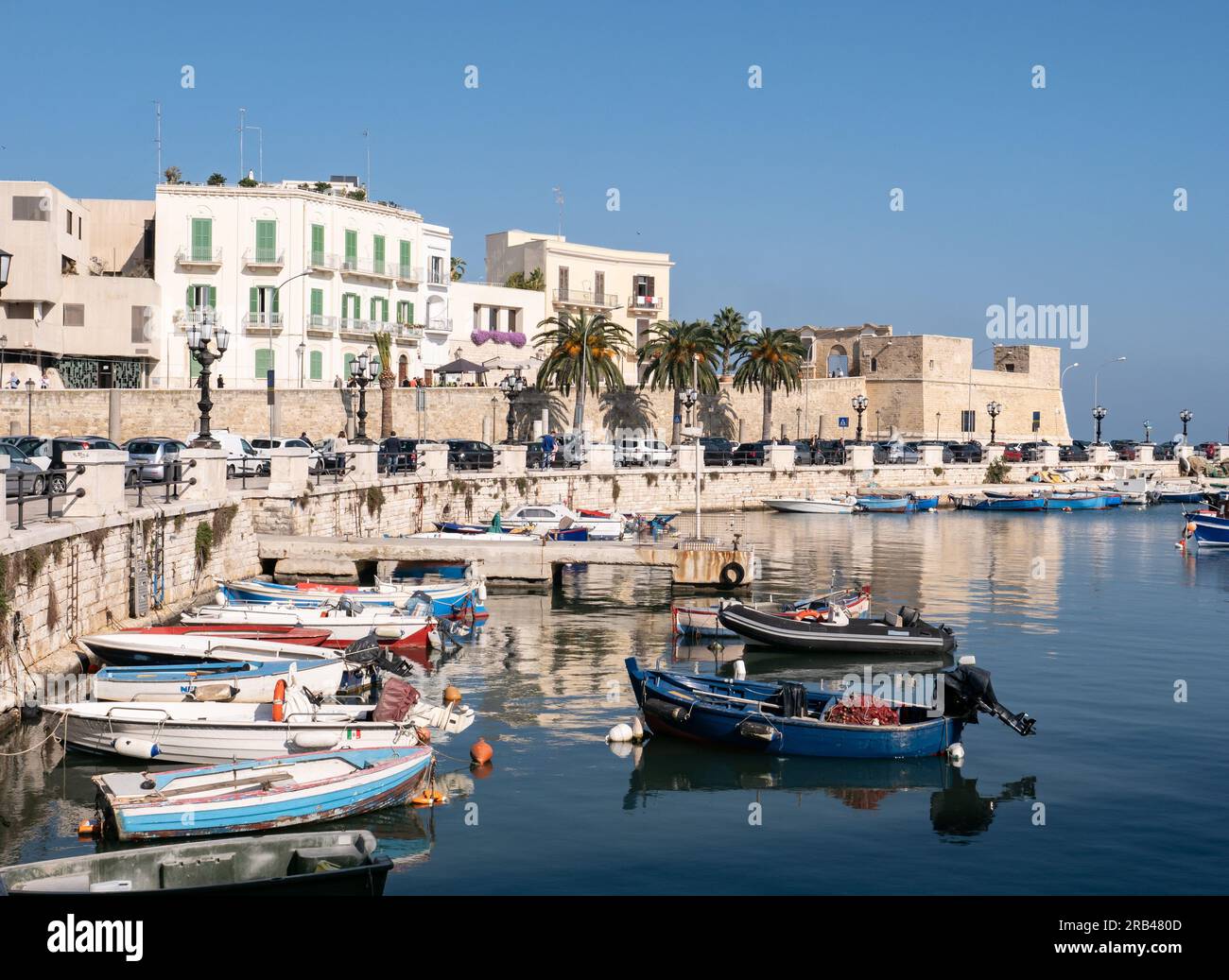 BARI, ITALY - OCTOBER 30, 2021: Harbour with small boats Fortino di ...