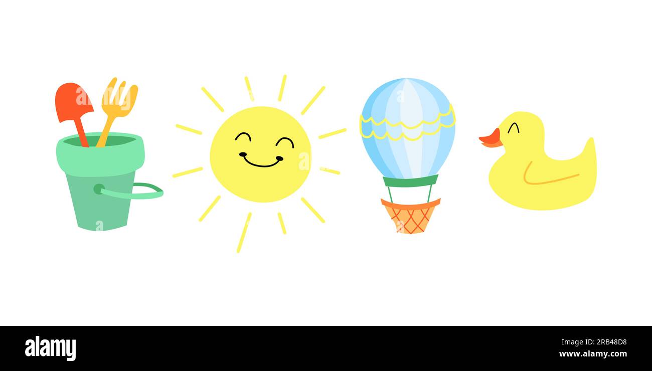 Childrens elements set cartoon. Game toy duck, sun, ballon, sandbox ...