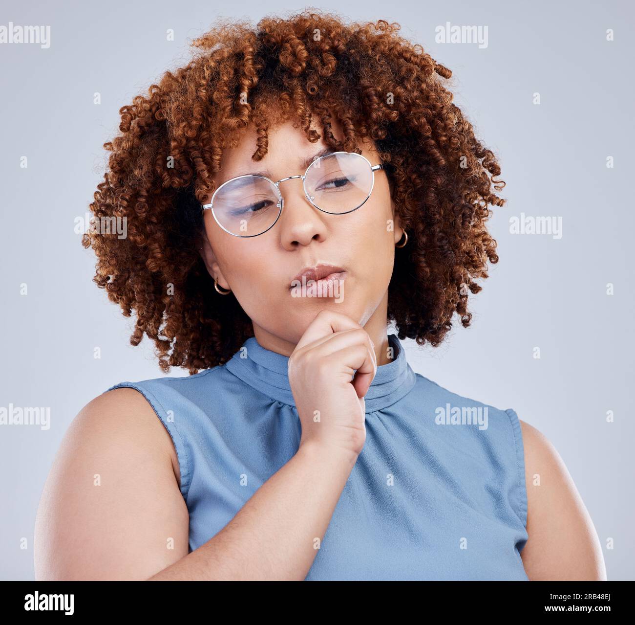 Woman with ideas, thinking and isolated in studio, creative mindset for ...