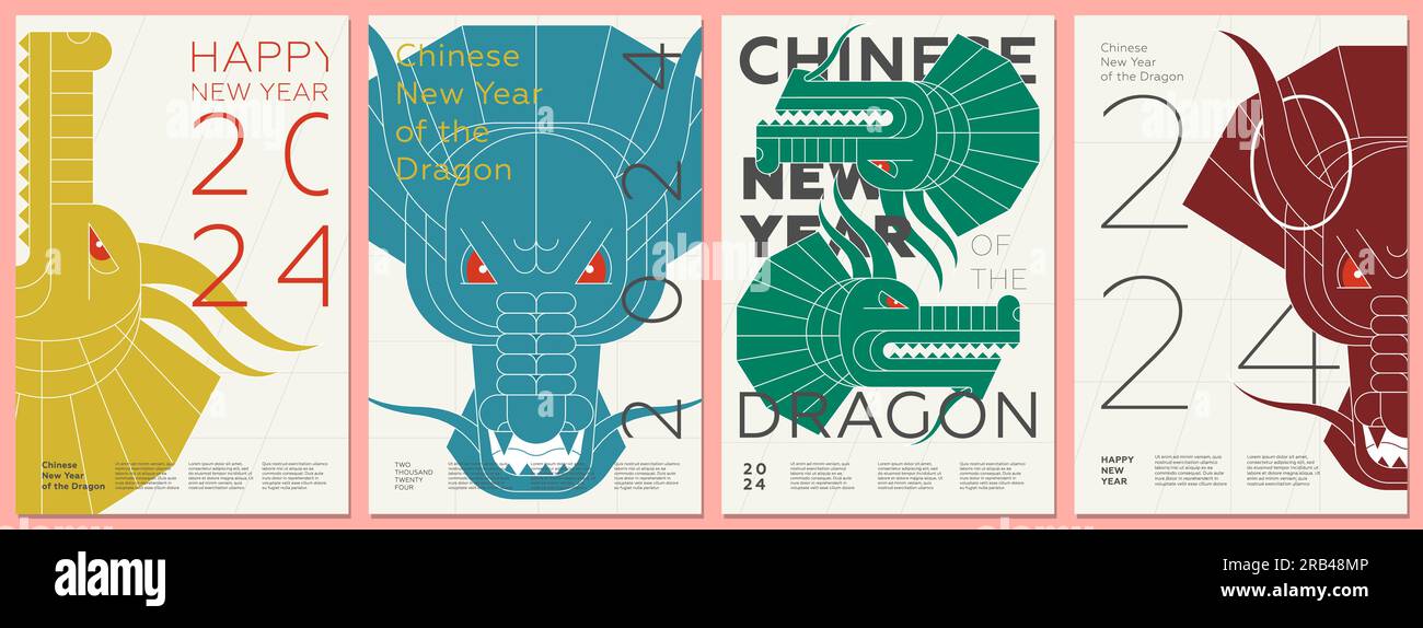 Abstract Chinese dragons heads on 2024 Happy New Year posters. Colored ...