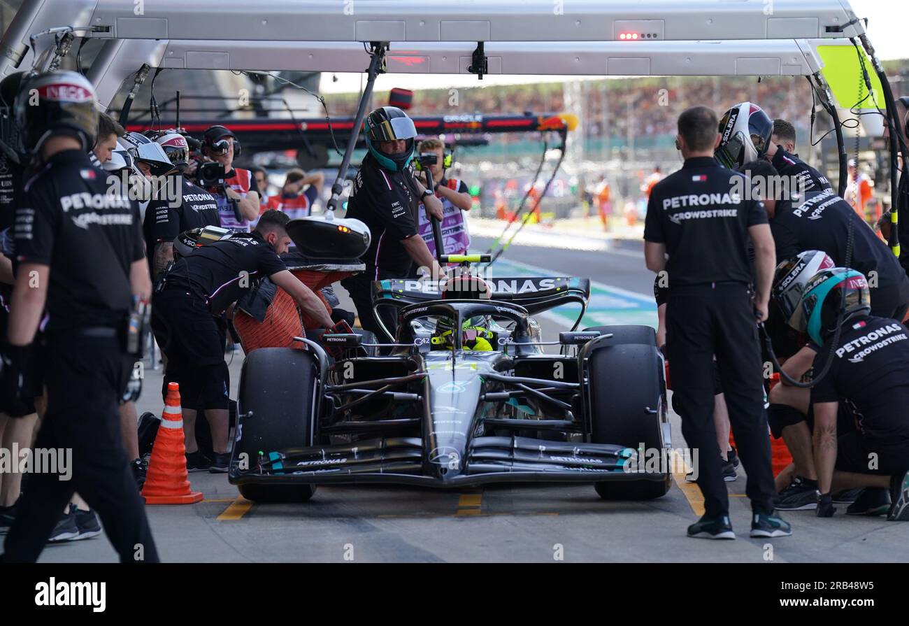 Mercedes' Lewis Hamilton in the pits during practice one ahead of the ...