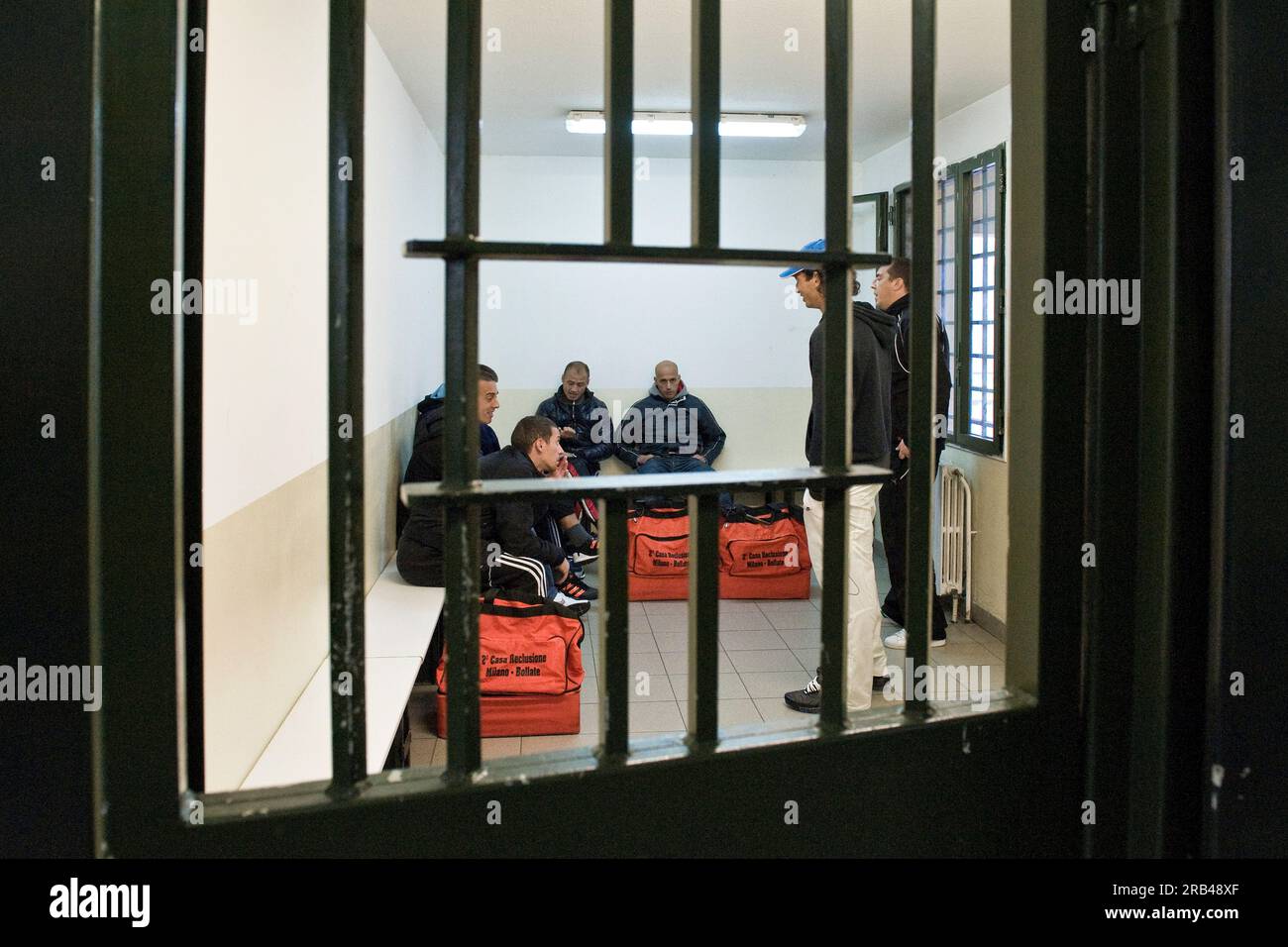 Italy, Bollate prison, prisoners waiting to be transferred outside for ...