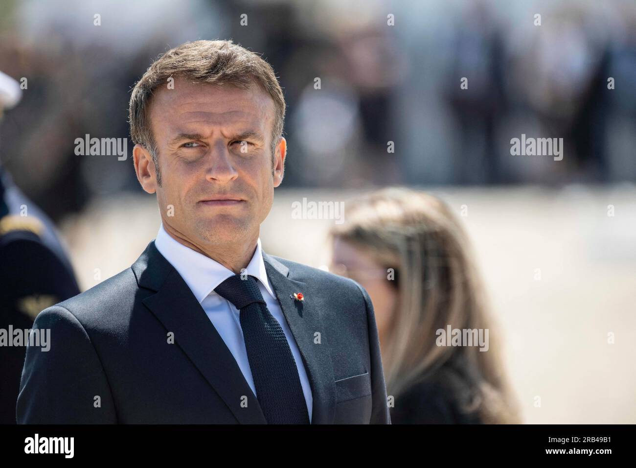 Ouistreham, France. 07th July, 2023. French President Emmanuel Macron ...