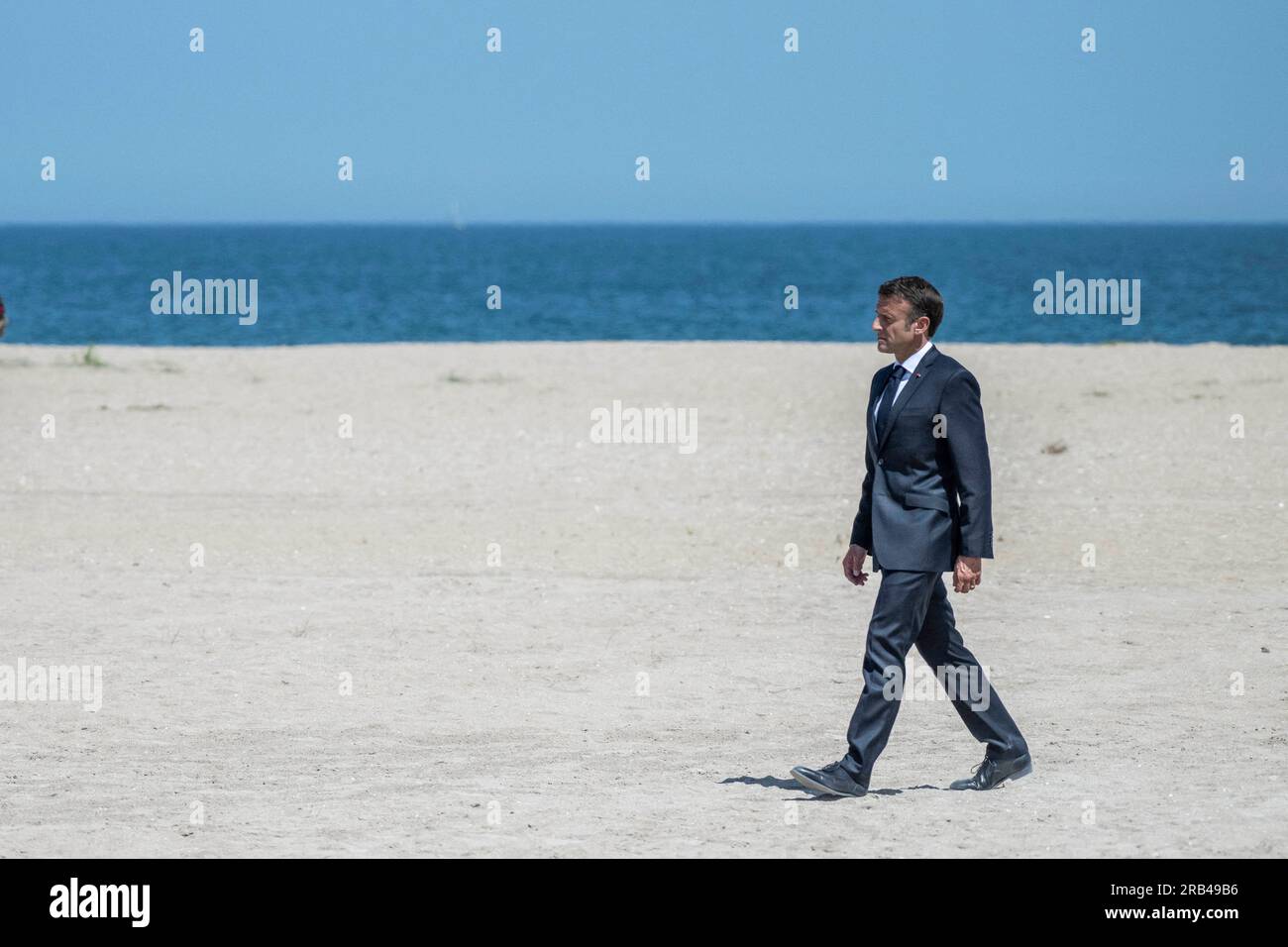Ouistreham, France. 07th July, 2023. French President Emmanuel Macron ...