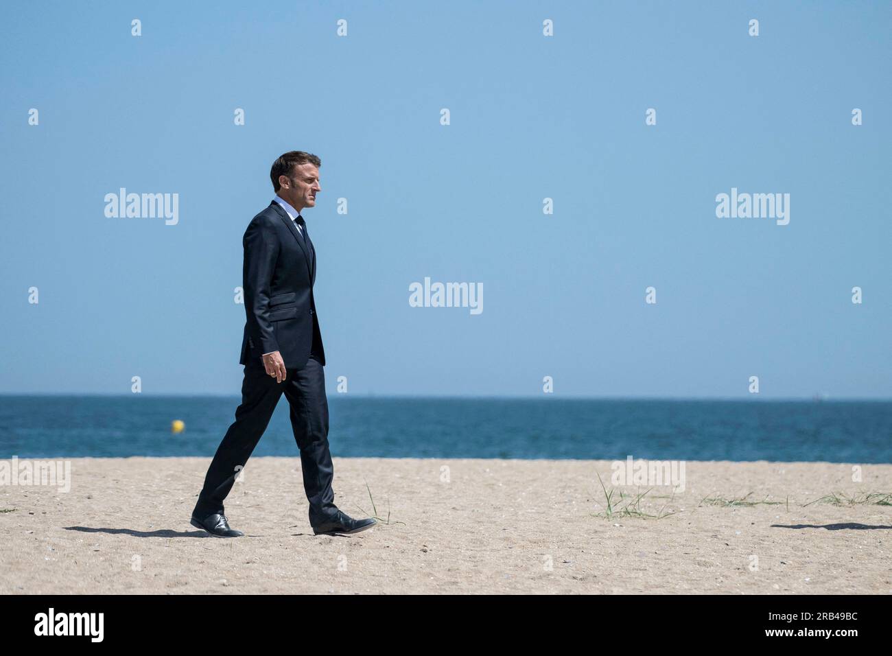 Ouistreham, France. 07th July, 2023. French President Emmanuel Macron ...