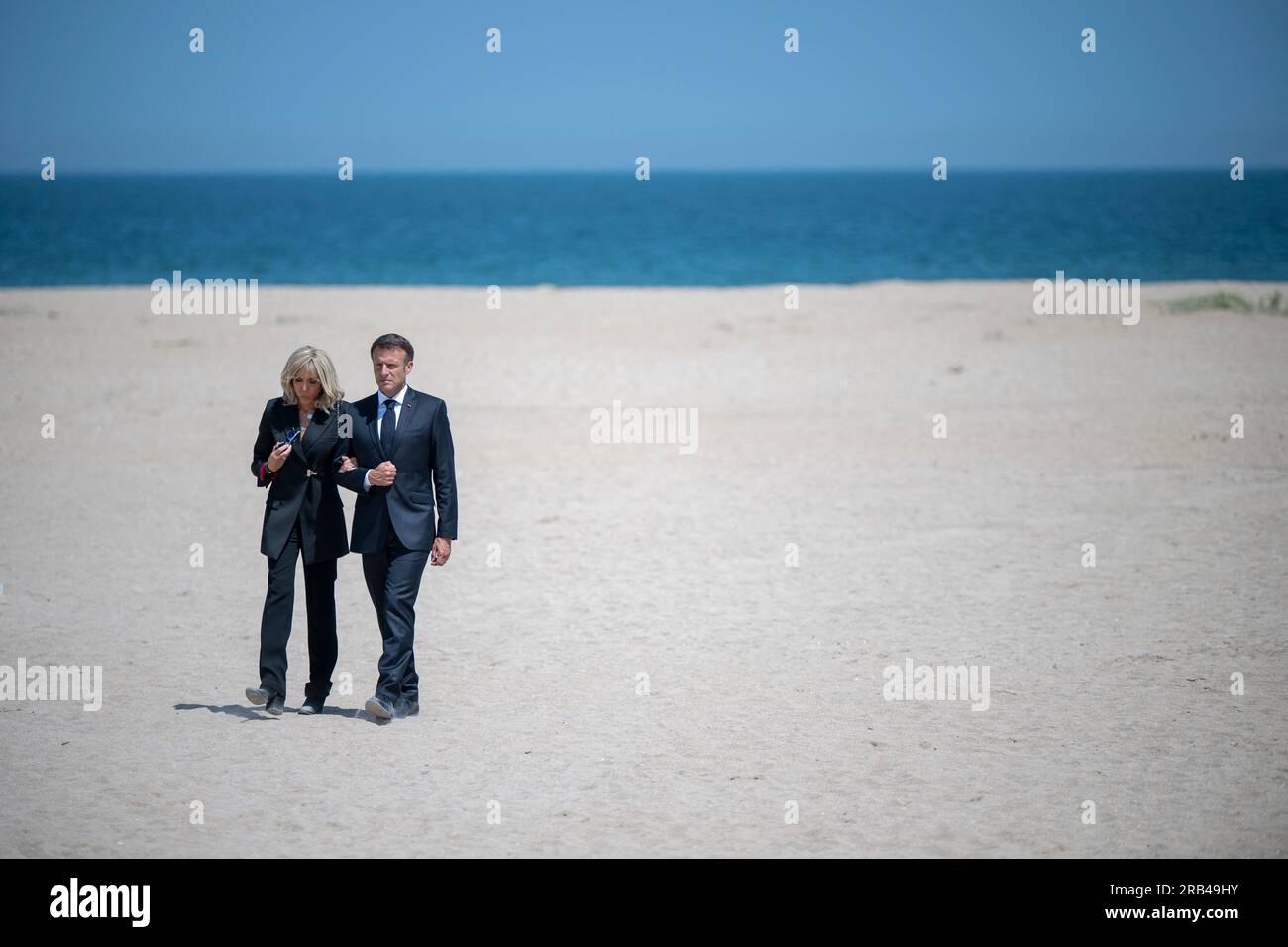 Ouistreham, France. 07th July, 2023. French President Emmanuel Macron ...