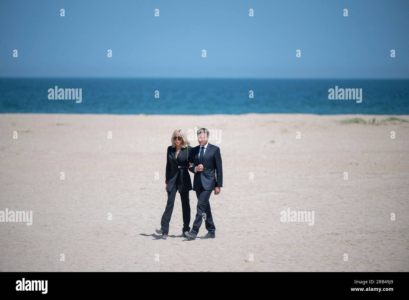 Ouistreham, France. 07th July, 2023. French President Emmanuel Macron ...