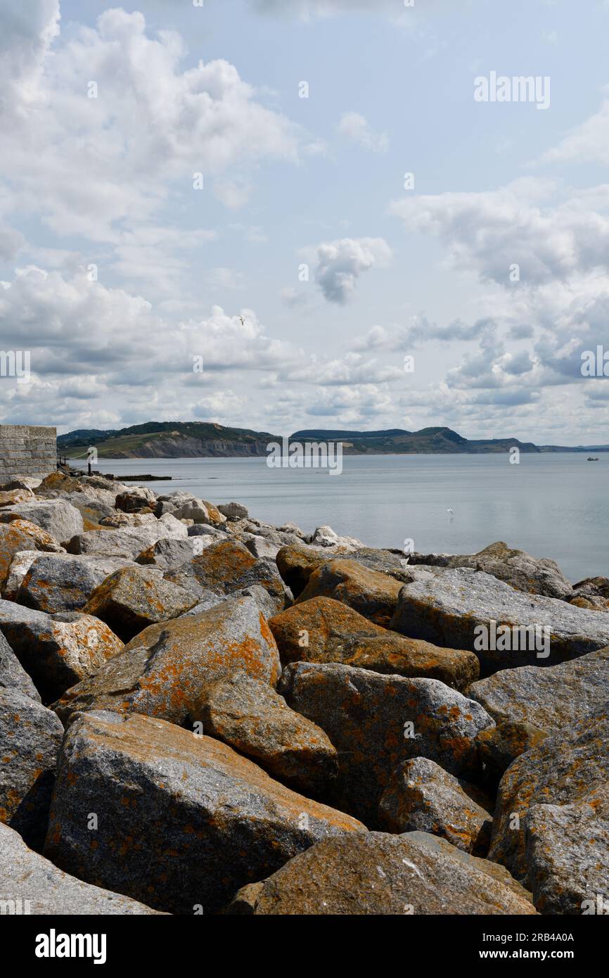 Lyme Bay with Sea Defences (Rocks) at Lyme Regis Dorset England uk ...