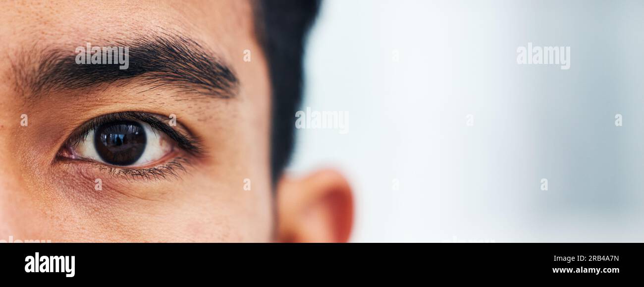 Half portrait, closeup and eyes of man with mockup for vision, focus ...