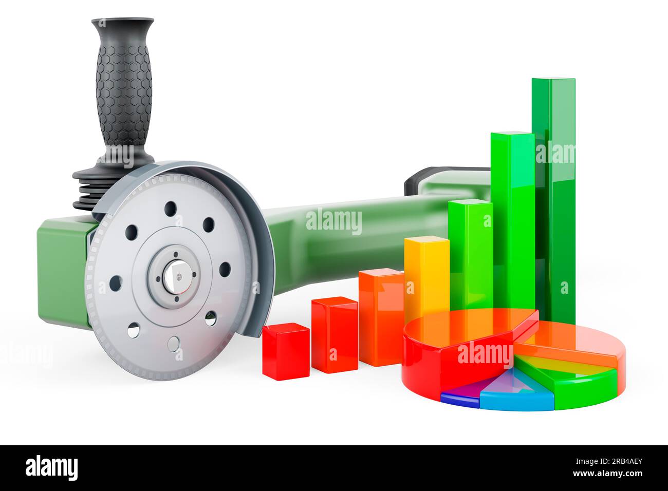 Disc grinder with growth bar graph and pie chart. 3D rendering isolated ...
